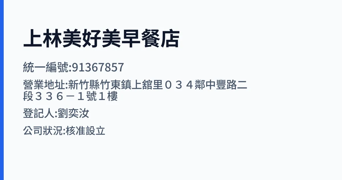 上林美好美早餐店 - 統編 91367857(新竹縣) 公司登記資料與營業項目詳細圖表