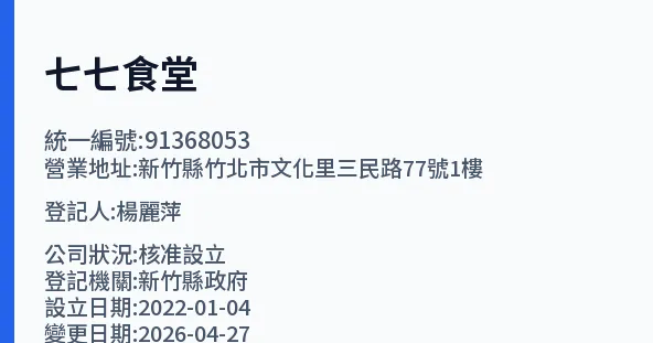 七七食堂的照片-統編 91368053(新竹縣) 公司登記資料與營業項目詳細圖表