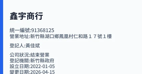 鑫宇商行的照片-統編 91368125(新竹縣) 公司登記資料與營業項目詳細圖表