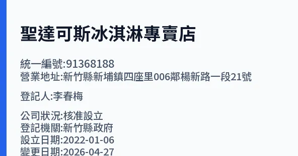 聖達可斯冰淇淋專賣店的照片-統編 91368188(新竹縣) 公司登記資料與營業項目詳細圖表