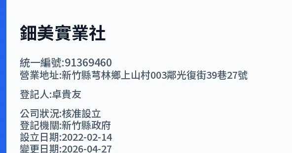 鈿美實業社的照片-統編 91369460(新竹縣) 公司登記資料與營業項目詳細圖表