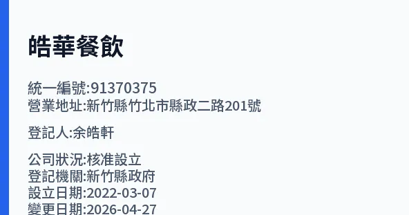 皓華餐飲的照片-統編 91370375(新竹縣) 公司登記資料與營業項目詳細圖表