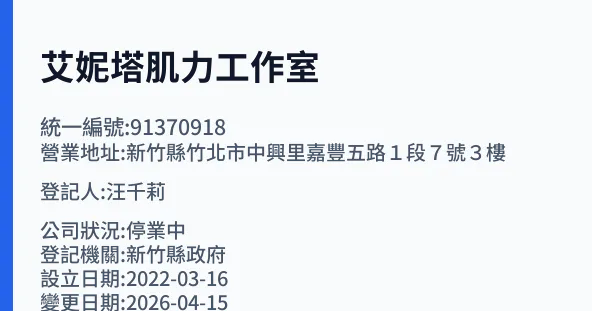 艾妮塔肌力工作室的照片-統編 91370918(新竹縣) 公司登記資料與營業項目詳細圖表