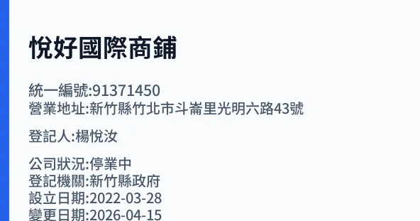悅好國際商鋪的照片-統編 91371450(新竹縣) 公司登記資料與營業項目詳細圖表