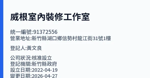 威根室內裝修工作室的照片-統編 91372556(新竹縣) 公司登記資料與營業項目詳細圖表