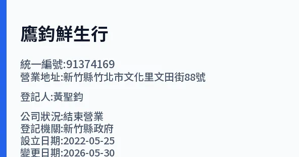 鷹鈞鮮生行的照片-統編 91374169(新竹縣) 公司登記資料與營業項目詳細圖表