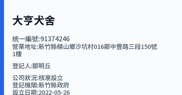 大亨犬舍的照片-統編 91374246(新竹縣) 公司登記資料與營業項目詳細圖表