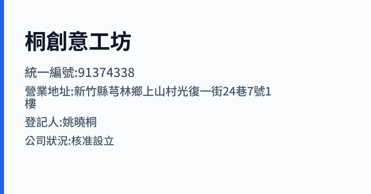 桐創意工坊 - 統編 91374338(新竹縣) 公司登記資料與營業項目詳細圖表