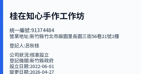 桂在知心手作工作坊的照片-統編 91374484(新竹縣) 公司登記資料與營業項目詳細圖表