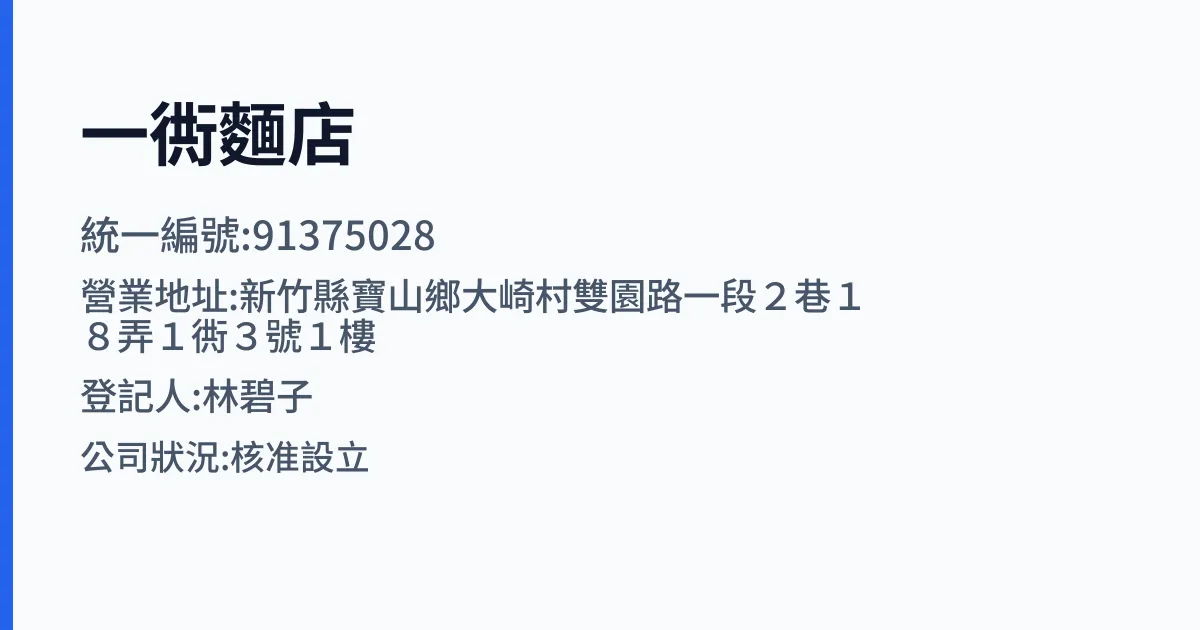 一衖麵店 - 統編 91375028(新竹縣) 公司登記資料與營業項目詳細圖表