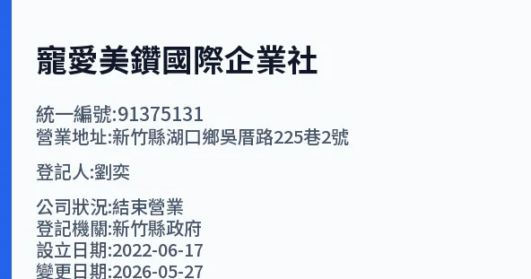 寵愛美鑽國際企業社的照片-統編 91375131(新竹縣) 公司登記資料與營業項目詳細圖表
