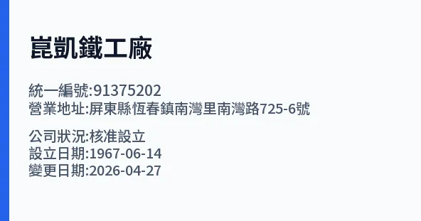 崑凱鐵工廠的照片-統編 91375202(屏東縣) 公司登記資料與營業項目詳細圖表