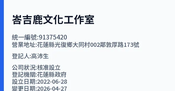 峇吉鹿文化工作室的照片-統編 91375420(花蓮縣) 公司登記資料與營業項目詳細圖表