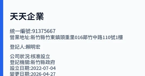 天天企業的照片-統編 91375667(新竹縣) 公司登記資料與營業項目詳細圖表