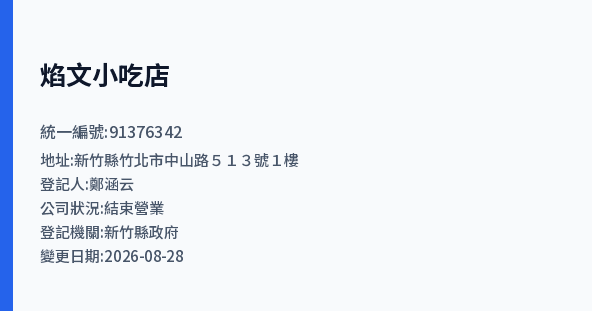 焰文小吃店的照片-統編 91376342(新竹縣) 公司登記資料與營業項目詳細圖表