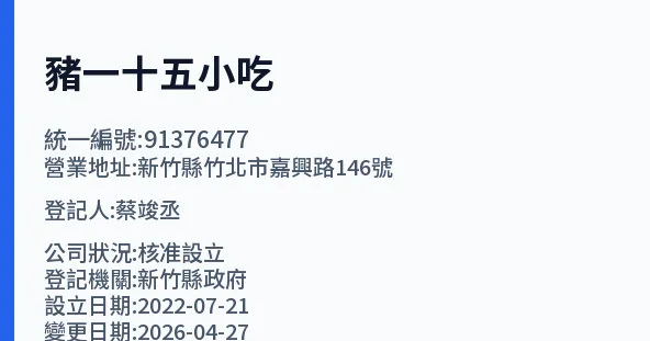 豬一十五小吃的照片-統編 91376477(新竹縣) 公司登記資料與營業項目詳細圖表