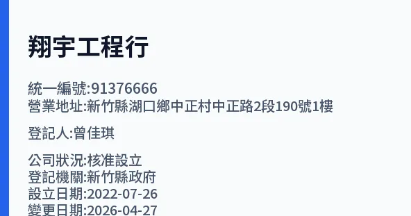 翔宇工程行的照片-統編 91376666(新竹縣) 公司登記資料與營業項目詳細圖表