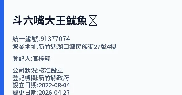 斗六嘴大王魷魚焿的照片-統編 91377074(新竹縣) 公司登記資料與營業項目詳細圖表