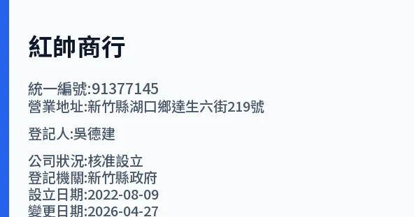 紅帥商行的照片-統編 91377145(新竹縣) 公司登記資料與營業項目詳細圖表