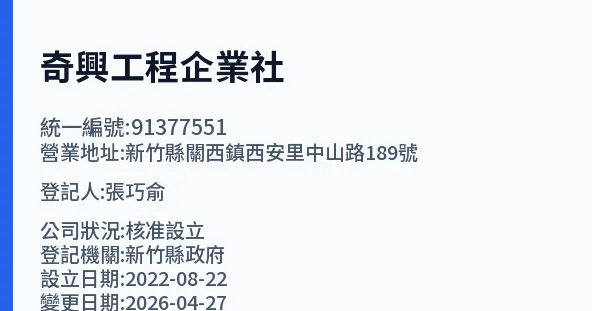 奇興工程企業社的照片-統編 91377551(新竹縣) 公司登記資料與營業項目詳細圖表