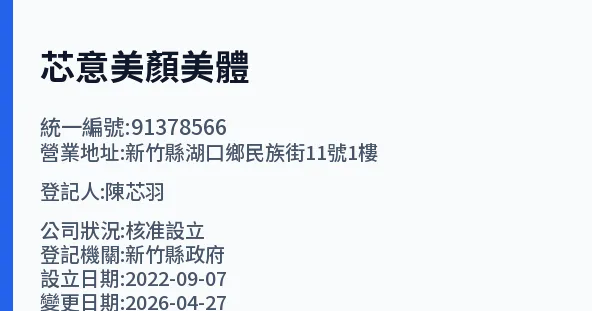 芯意美顏美體的照片-統編 91378566(新竹縣) 公司登記資料與營業項目詳細圖表