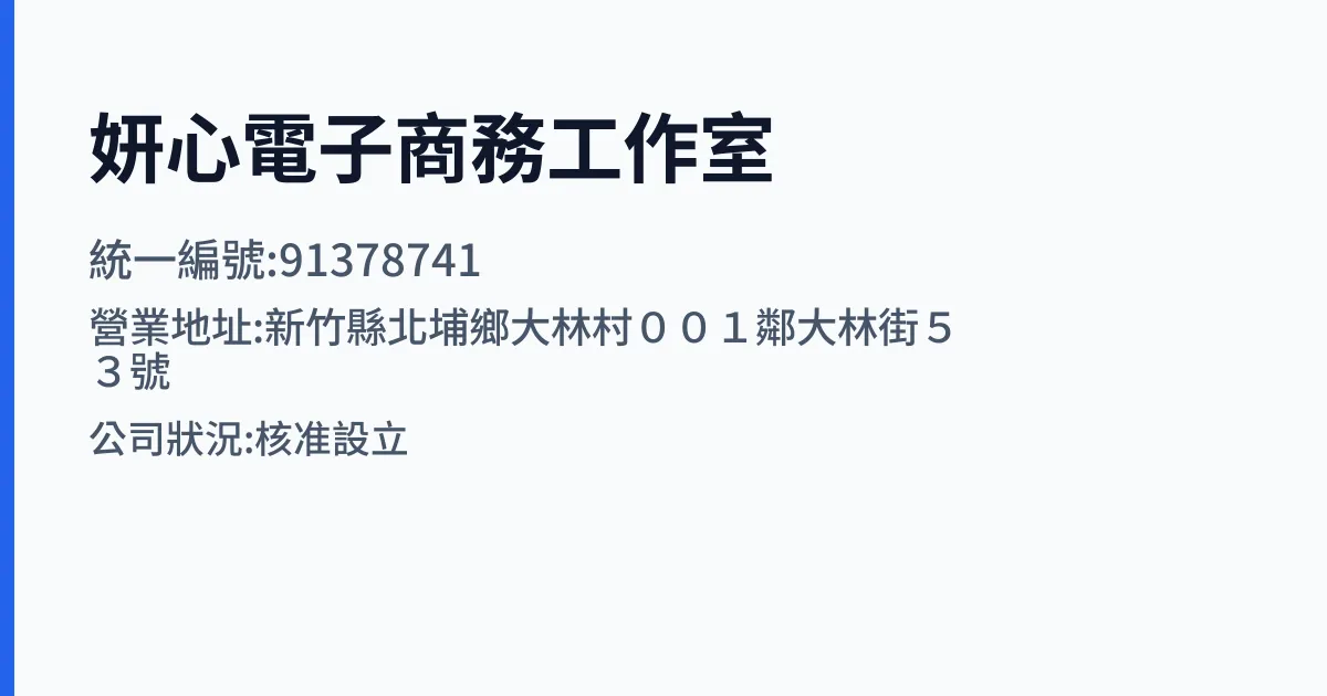 妍心電子商務工作室 - 統編 91378741(新竹縣) 公司登記資料與營業項目詳細圖表