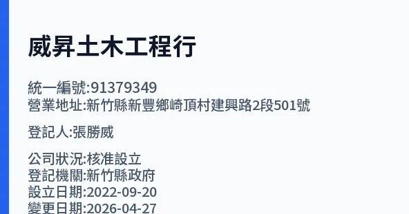 威昇土木工程行的照片-統編 91379349(新竹縣) 公司登記資料與營業項目詳細圖表