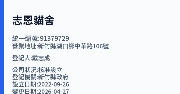 志恩貓舍的照片-統編 91379729(新竹縣) 公司登記資料與營業項目詳細圖表