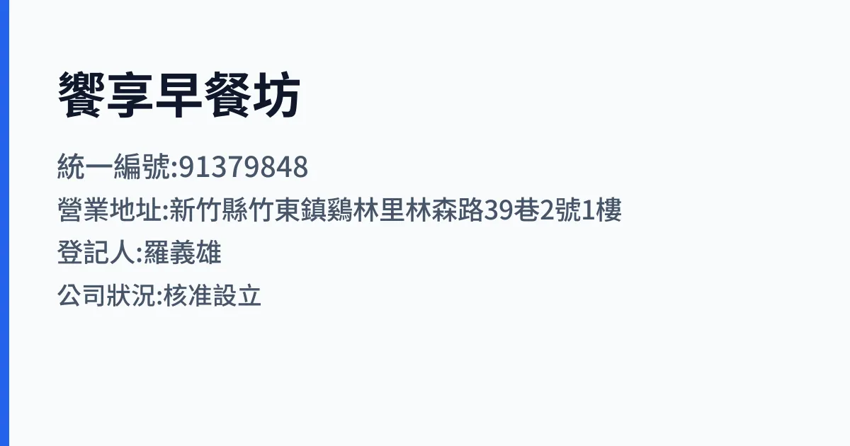 饗享早餐坊 - 統編 91379848(新竹縣) 公司登記資料與營業項目詳細圖表