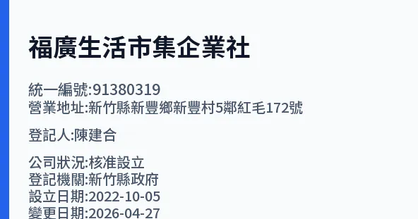 福廣生活市集企業社的照片-統編 91380319(新竹縣) 公司登記資料與營業項目詳細圖表