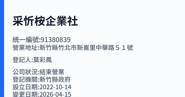 采忻桉企業社的照片-統編 91380839(新竹縣) 公司登記資料與營業項目詳細圖表