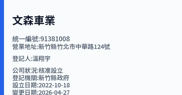 文森車業的照片-統編 91381008(新竹縣) 公司登記資料與營業項目詳細圖表