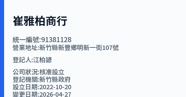 崔雅柏商行的照片-統編 91381128(新竹縣) 公司登記資料與營業項目詳細圖表