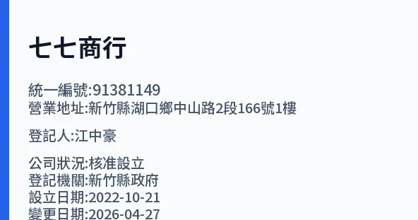 七七商行的照片-統編 91381149(新竹縣) 公司登記資料與營業項目詳細圖表