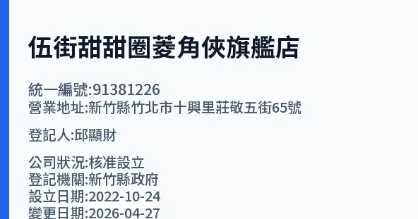 伍街甜甜圈菱角俠旗艦店的照片-統編 91381226(新竹縣) 公司登記資料與營業項目詳細圖表