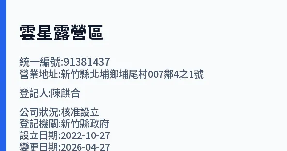 雲星露營區的照片-統編 91381437(新竹縣) 公司登記資料與營業項目詳細圖表