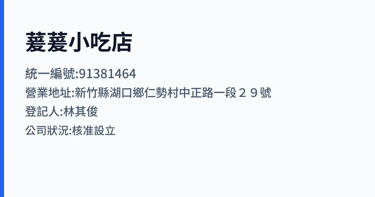 萲萲小吃店 - 統編 91381464(新竹縣) 公司登記資料與營業項目詳細圖表