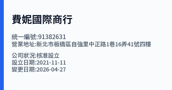 費妮國際商行的照片-統編 91382631(新北市) 公司登記資料與營業項目詳細圖表