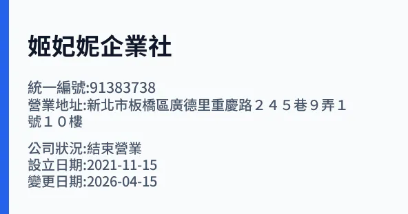 姬妃妮企業社的照片-統編 91383738(新北市) 公司登記資料與營業項目詳細圖表
