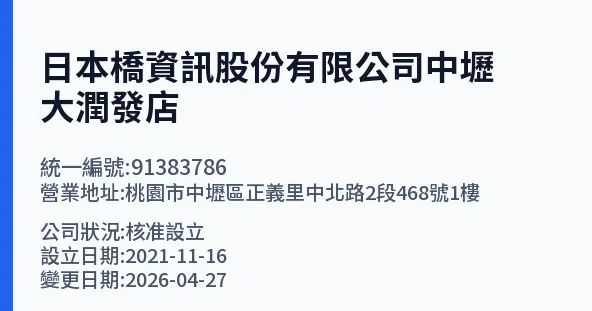 日本橋資訊股份有限公司中壢大潤發店的照片-統編 91383786(桃園市) 公司登記資料與營業項目詳細圖表