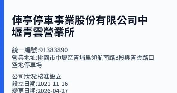 俥亭停車事業股份有限公司中壢青雲營業所的照片-統編 91383890(桃園市) 公司登記資料與營業項目詳細圖表