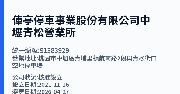 俥亭停車事業股份有限公司中壢青松營業所的照片-統編 91383929(桃園市) 公司登記資料與營業項目詳細圖表
