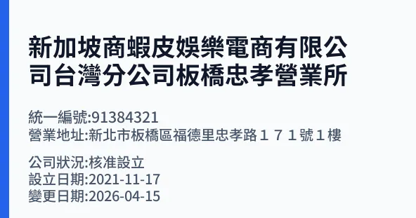 新加坡商蝦皮娛樂電商有限公司台灣分公司板橋忠孝營業所的照片-統編 91384321(新北市) 公司登記資料與營業項目詳細圖表