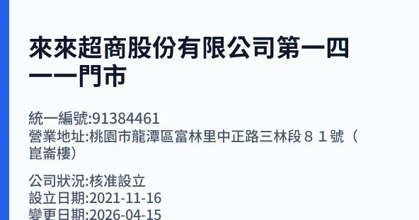 來來超商股份有限公司第一四一一門市的照片-統編 91384461(桃園市) 公司登記資料與營業項目詳細圖表