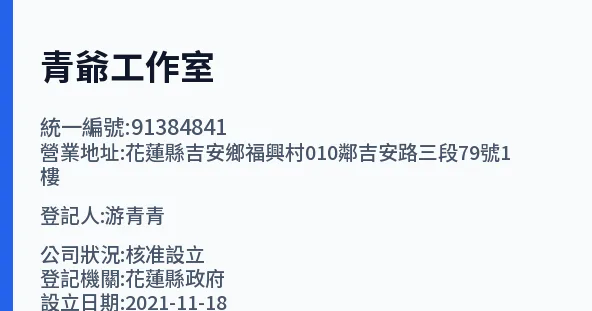 青爺工作室的照片-統編 91384841(花蓮縣) 公司登記資料與營業項目詳細圖表