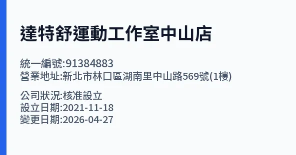 達特舒運動工作室中山店的照片-統編 91384883(新北市) 公司登記資料與營業項目詳細圖表
