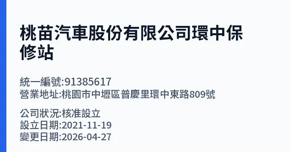 桃苗汽車股份有限公司環中保修站的照片-統編 91385617(桃園市) 公司登記資料與營業項目詳細圖表