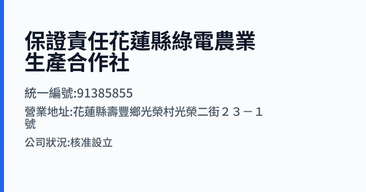 保證責任花蓮縣綠電農業生產合作社 - 統編 91385855（花蓮縣） 公司登記資料與營業項目詳細圖表