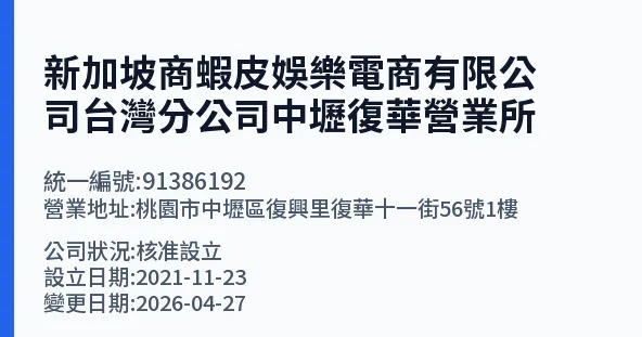 新加坡商蝦皮娛樂電商有限公司台灣分公司中壢復華營業所的照片-統編 91386192(桃園市) 公司登記資料與營業項目詳細圖表
