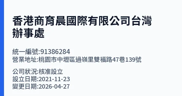 香港商育晨國際有限公司台灣辦事處的照片-統編 91386284(桃園市) 公司登記資料與營業項目詳細圖表